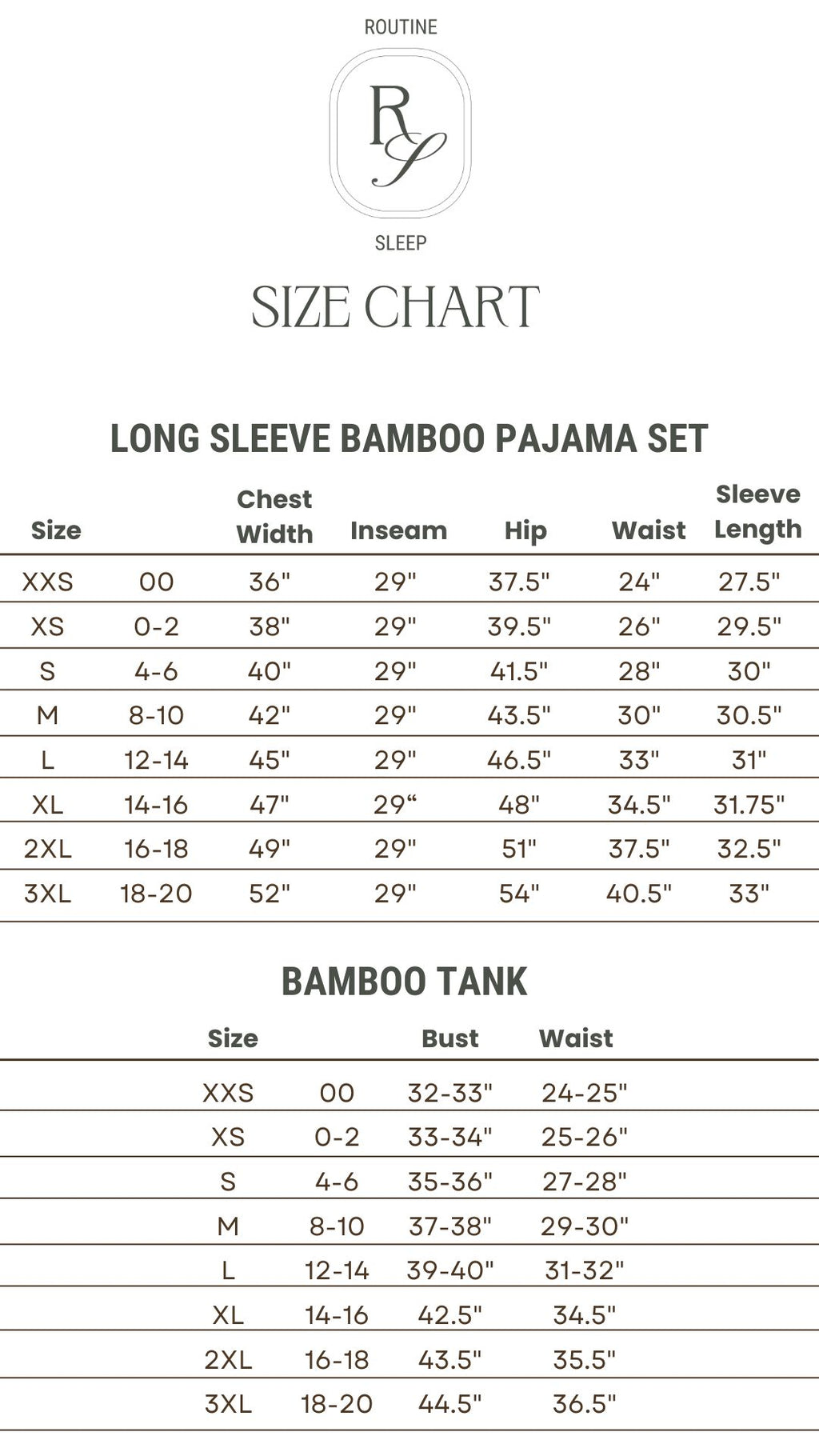 Size Chart – Routine the Brand Sleep